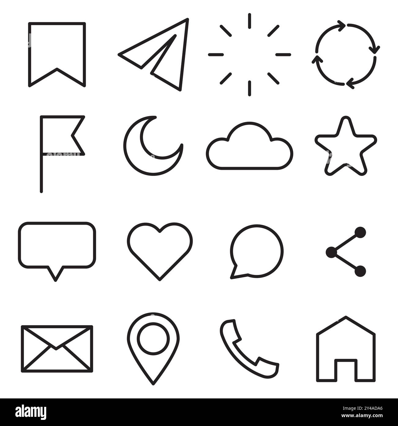 Icon set. Simple black outline symbols. Various communication and media ...