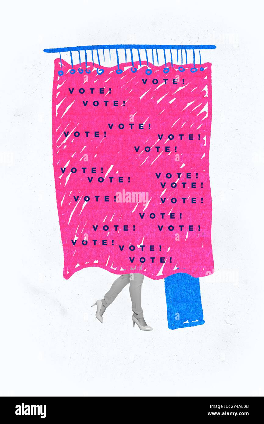 Vertical photo collage of anonym woman legs heels stand election cabin ...