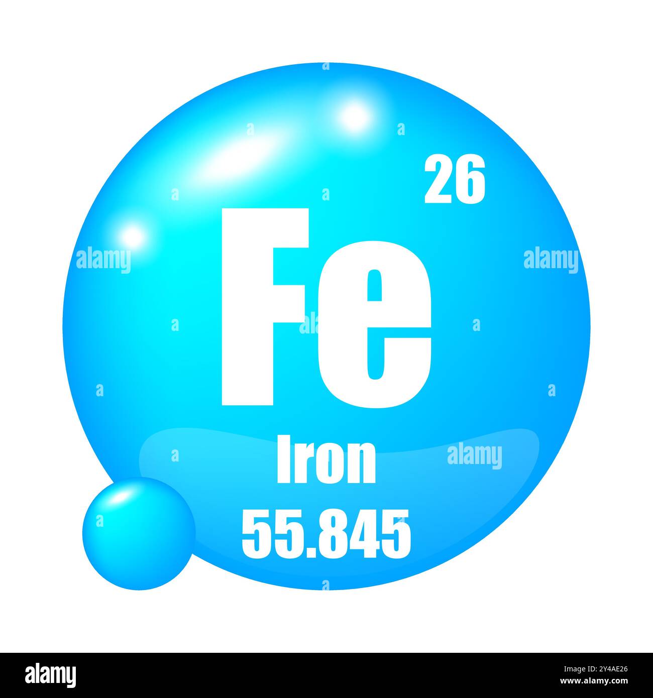 Iron element symbol. Fe abbreviation. Atomic number 26. Atomic mass 55. ...
