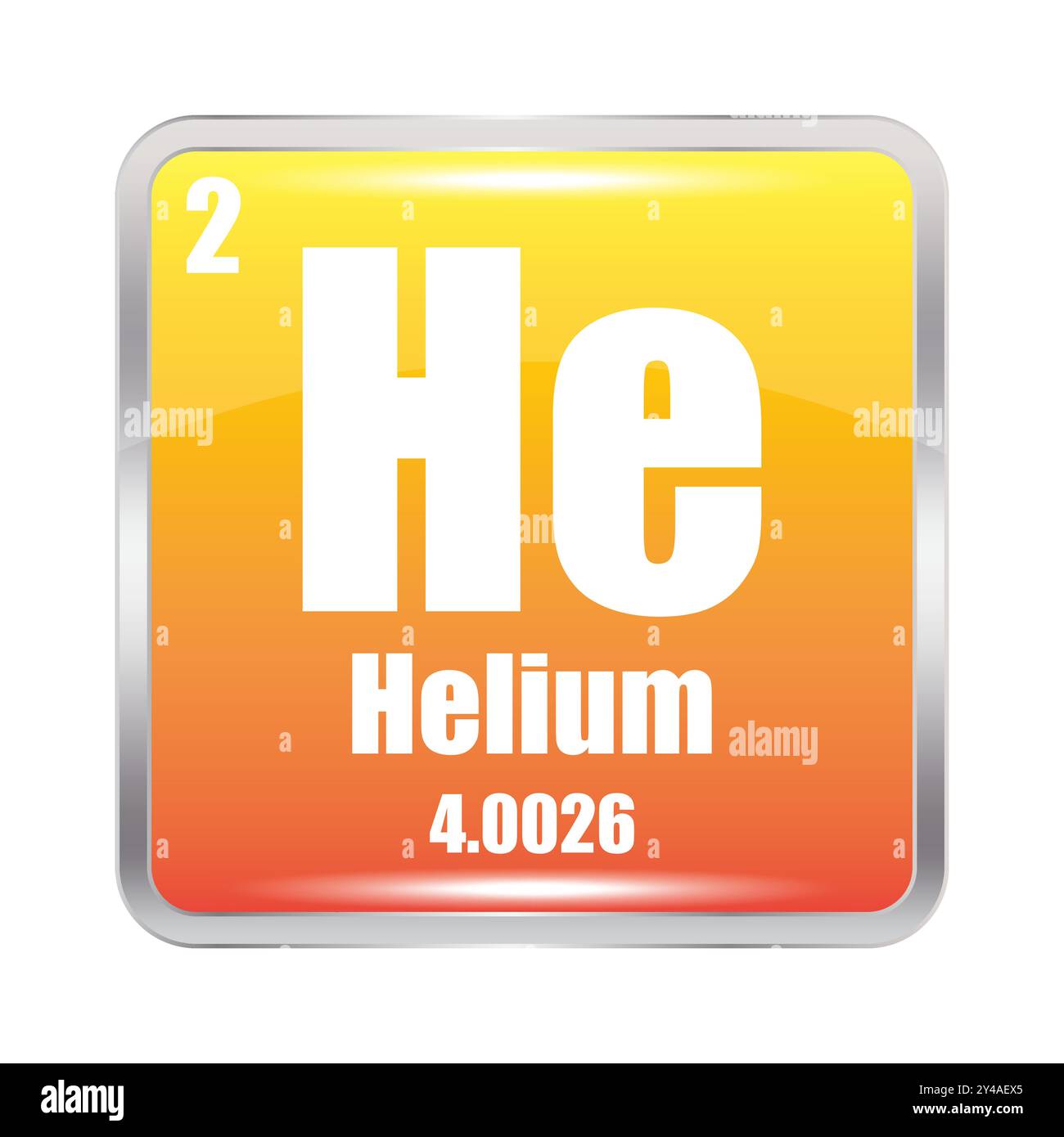 Helium element icon. Yellow and orange square. Chemical symbol He. Atomic number two Stock ...