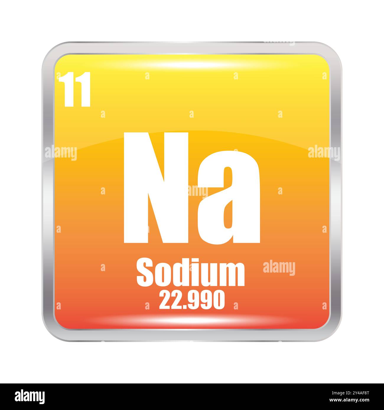 Sodium element. Symbol Na. Atomic number 11. Atomic mass 22.990. Yellow ...