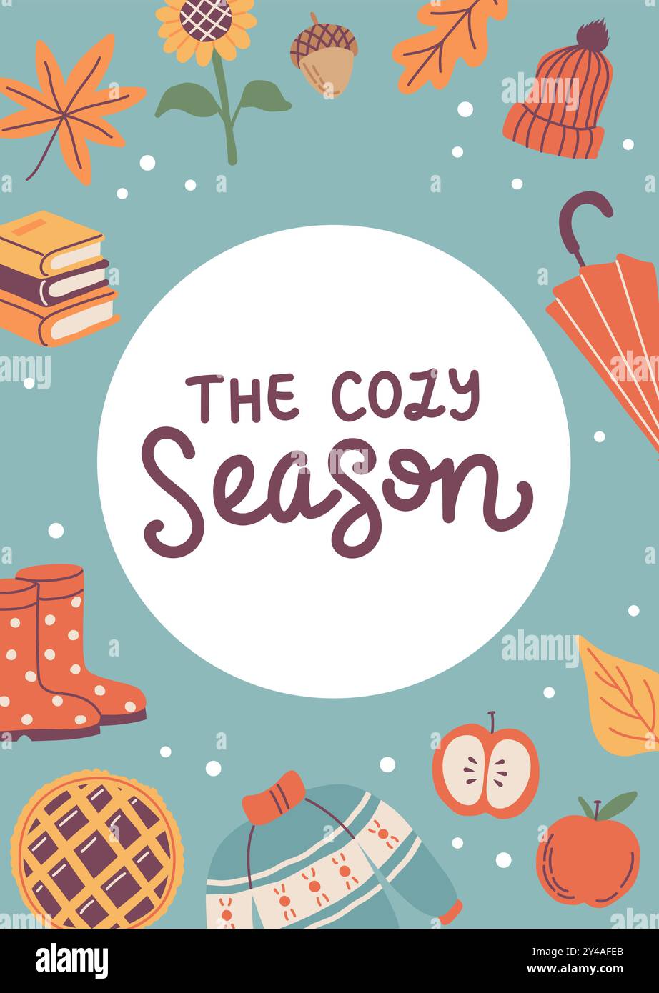 The cozy season card. Hand drawn calligraphy and cute seasonal elements ...