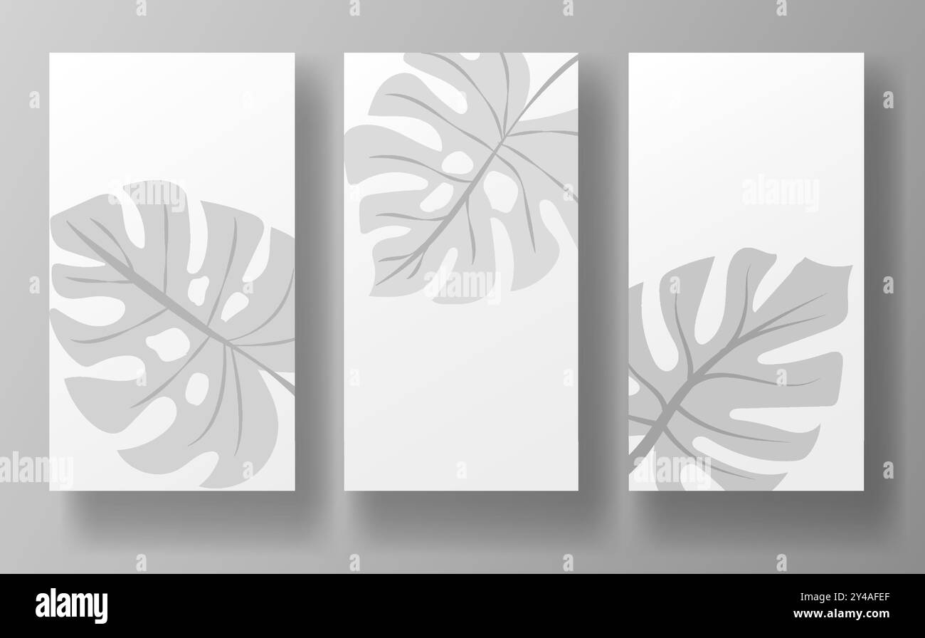 Three minimalist posters featuring gray monstera leaf designs on a ...