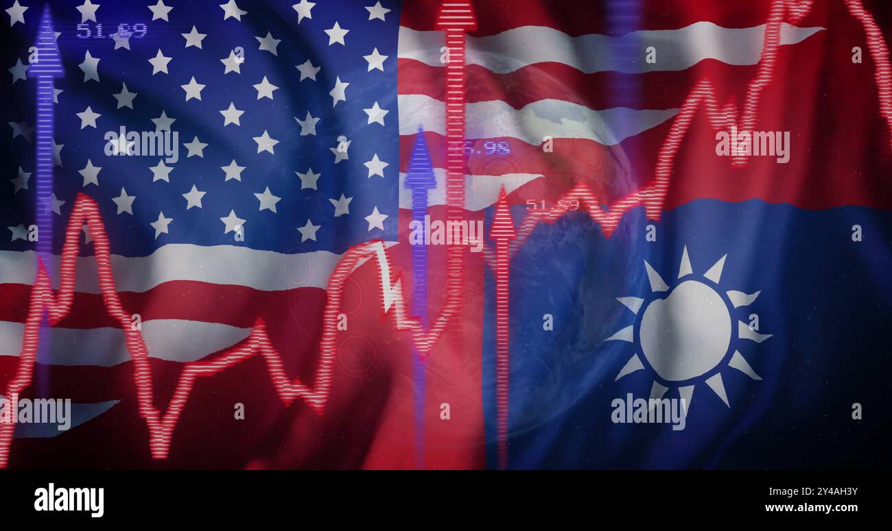 Stock market data image over American and Taiwanese flags Stock Photo ...