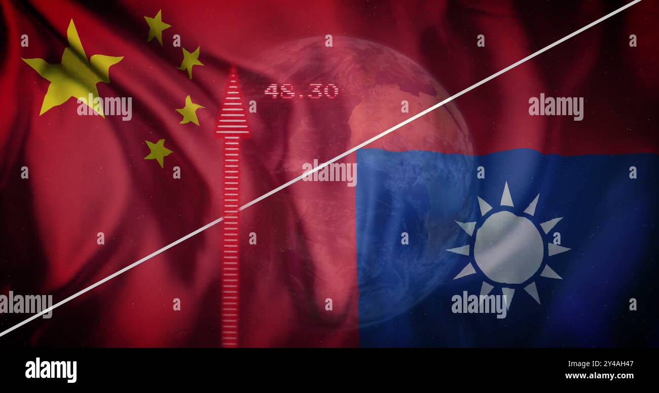 Chinese and Taiwanese flags with data processing image over Earth Stock ...