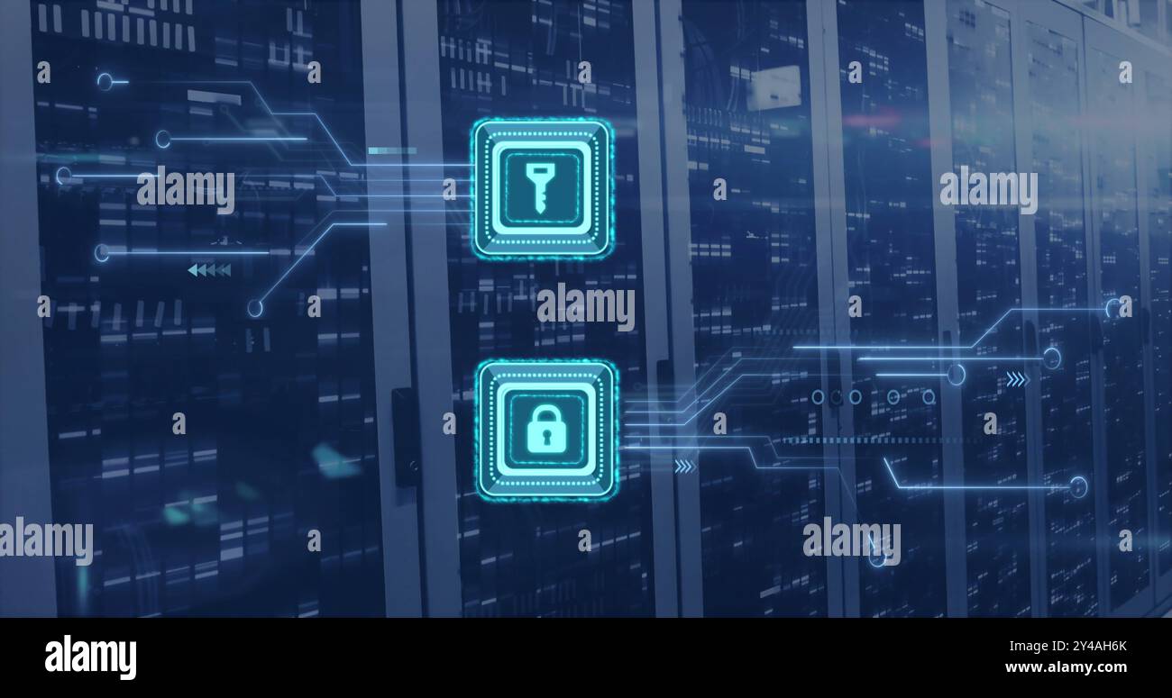 Image of digital data processing, padlock and key icons, circuit board and computer servers ...