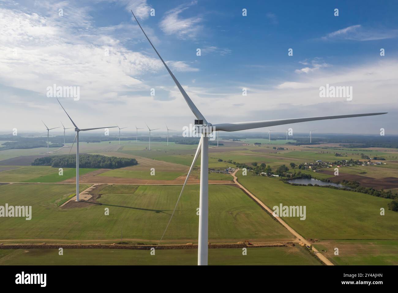 Wind turbine farm from aerial view in Lithuania. Renewable and ...