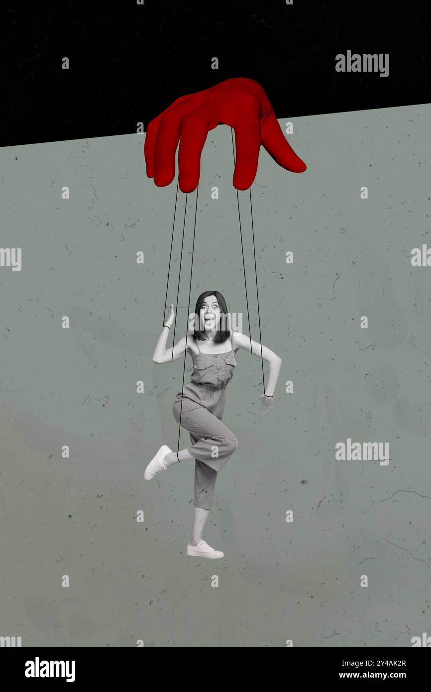 Photo collage image of funny cheerful crazy woman hunging strings ...