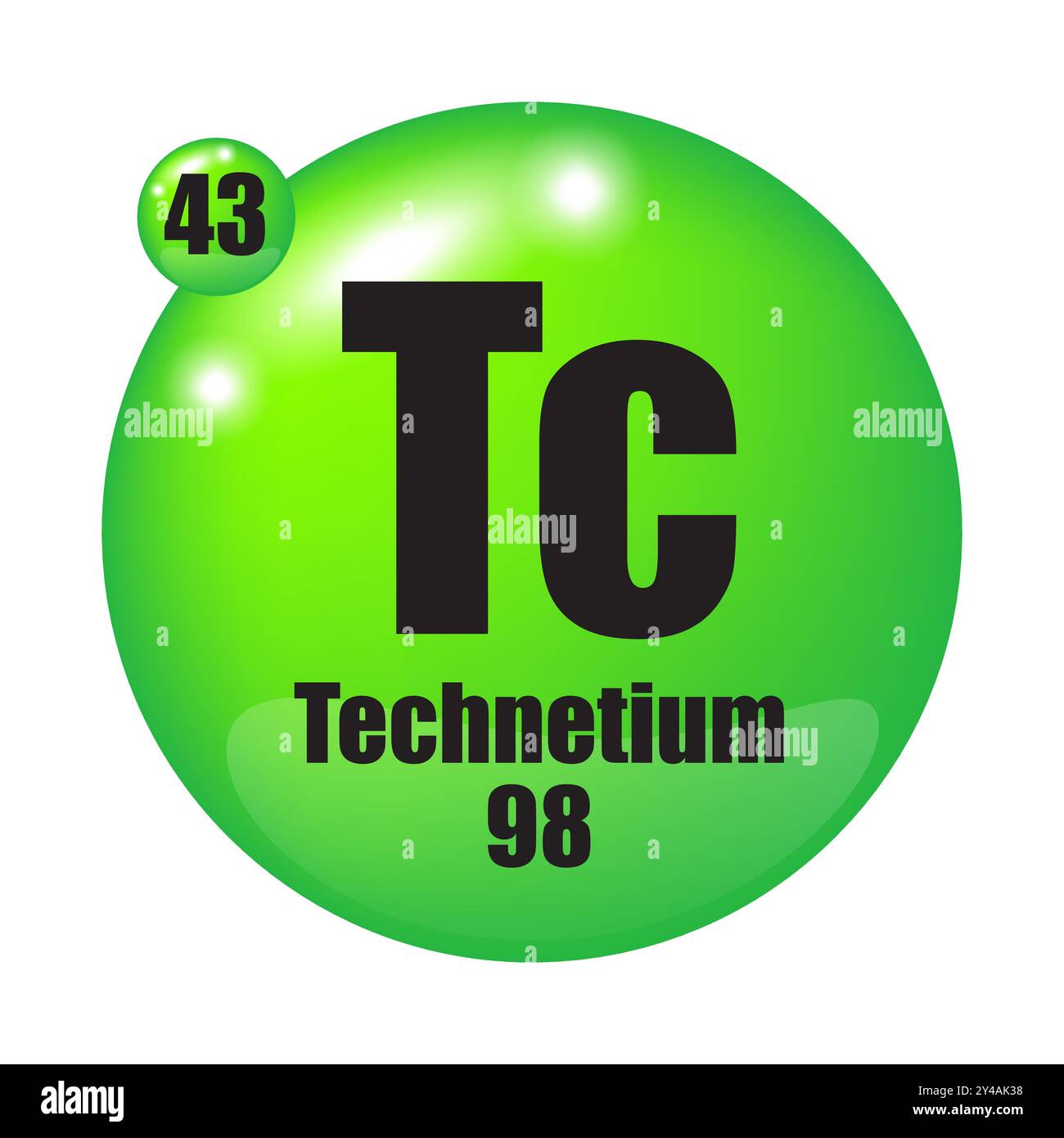 Tc chemical element. Atomic number 43. Mass 98. Green sphere image ...