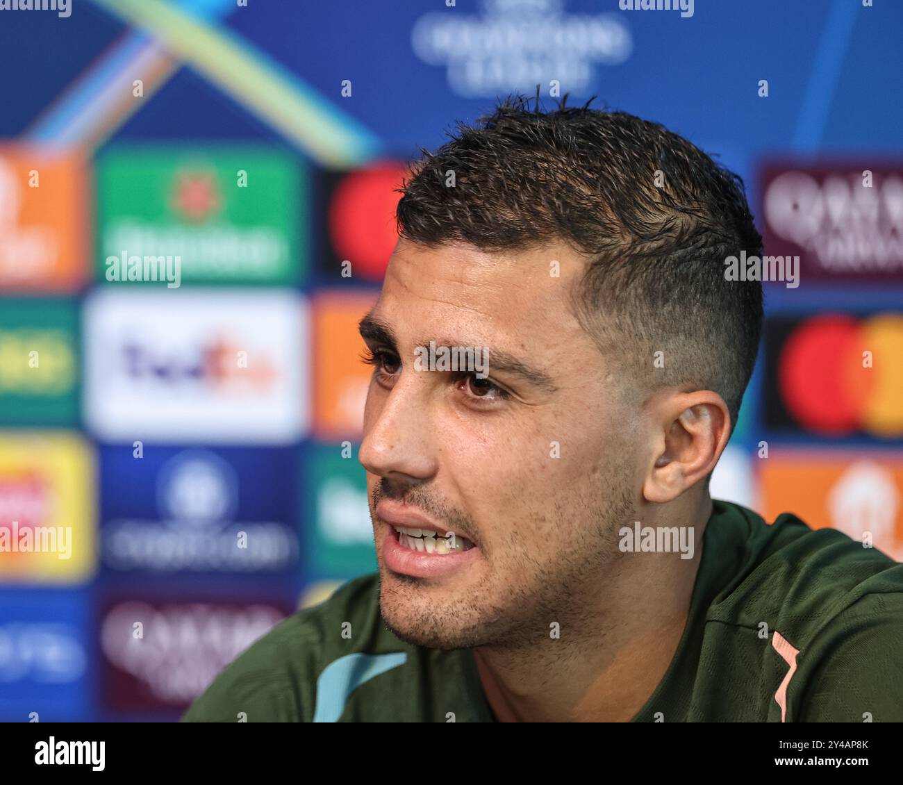 Manchester, UK. 17th Sep, 2024. Rodri of Manchester City speaks in the ...