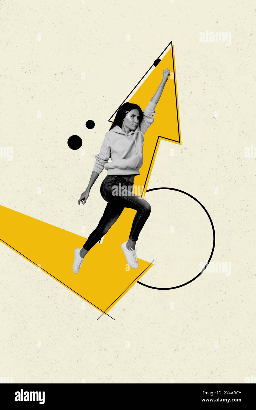 Vertical collage poster young woman leadership achieve goal aim target ...