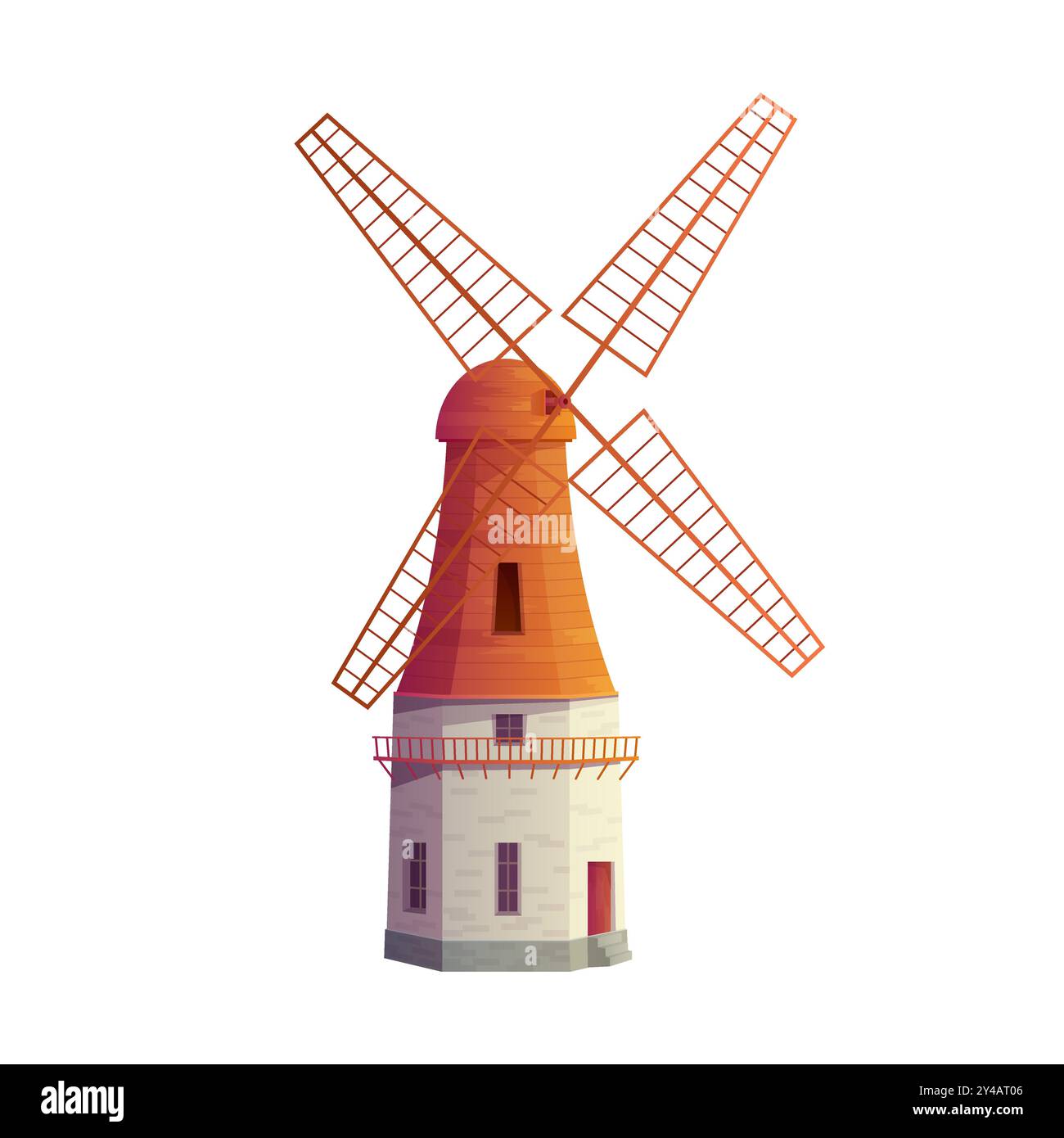 Ancient windmill tower with wooden vanes on roof and windows vector ...