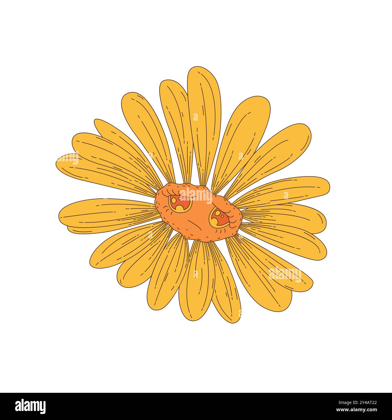 Groovy sad flower with psychedelic eyes on face and yellow petals ...