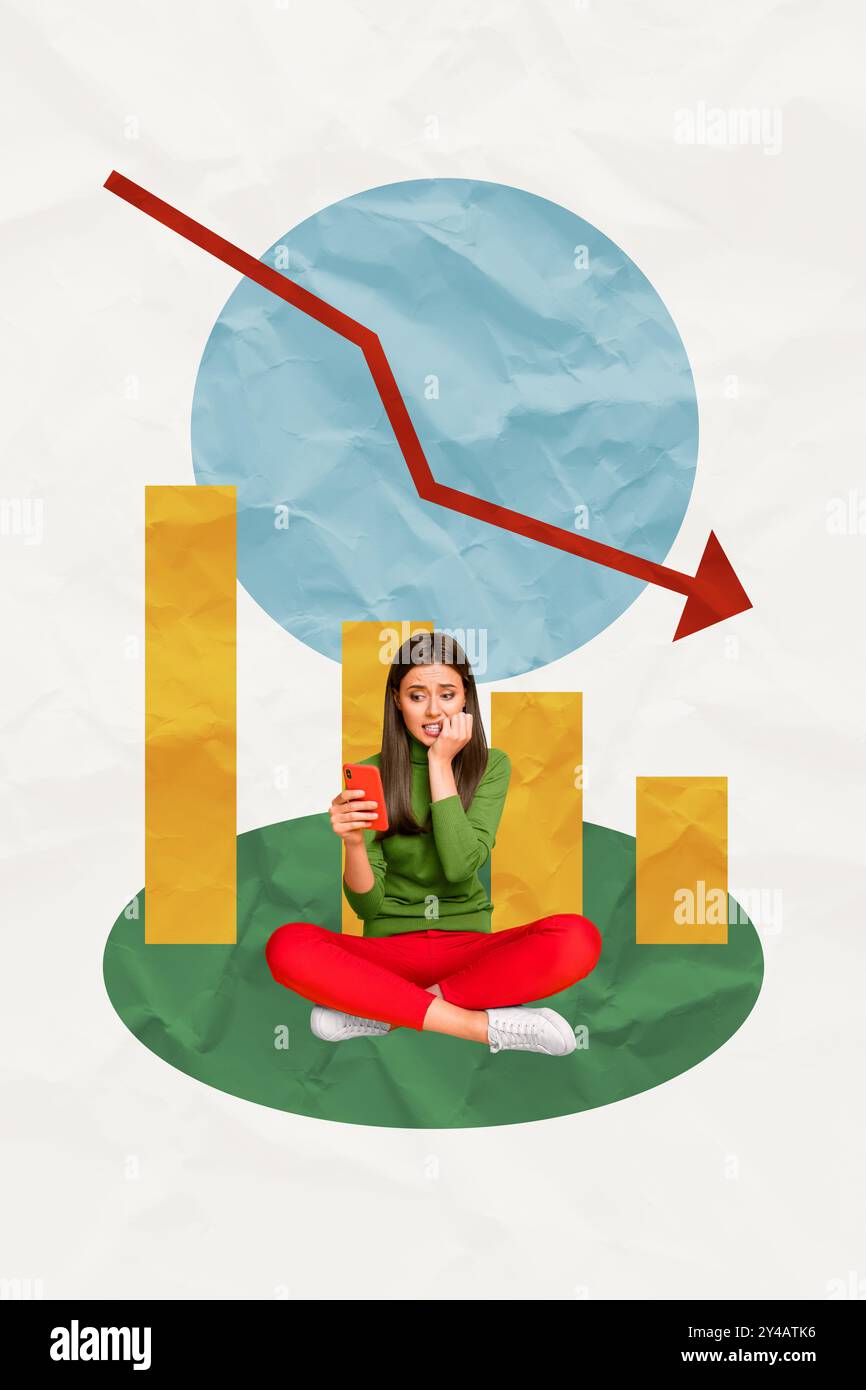 Vertical photo collage of panic girl bite fingers hold phone arrow ...