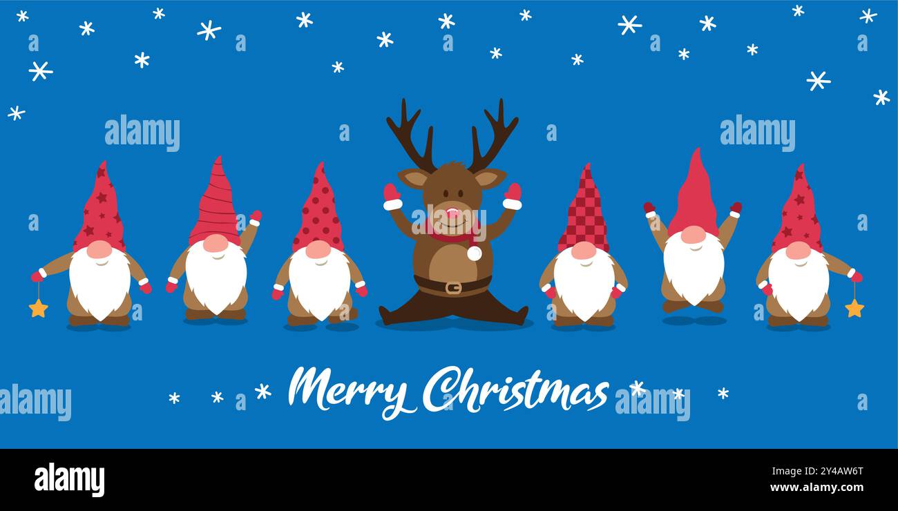 christmas greeting card with cute christmas dwarf and deer vector ...
