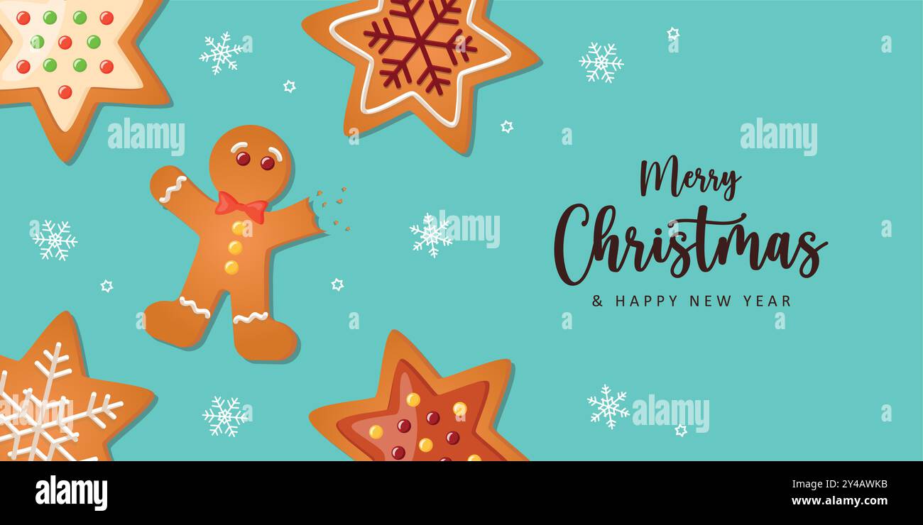 christmas greeting card with gingerbread cookies decoration on blue ...