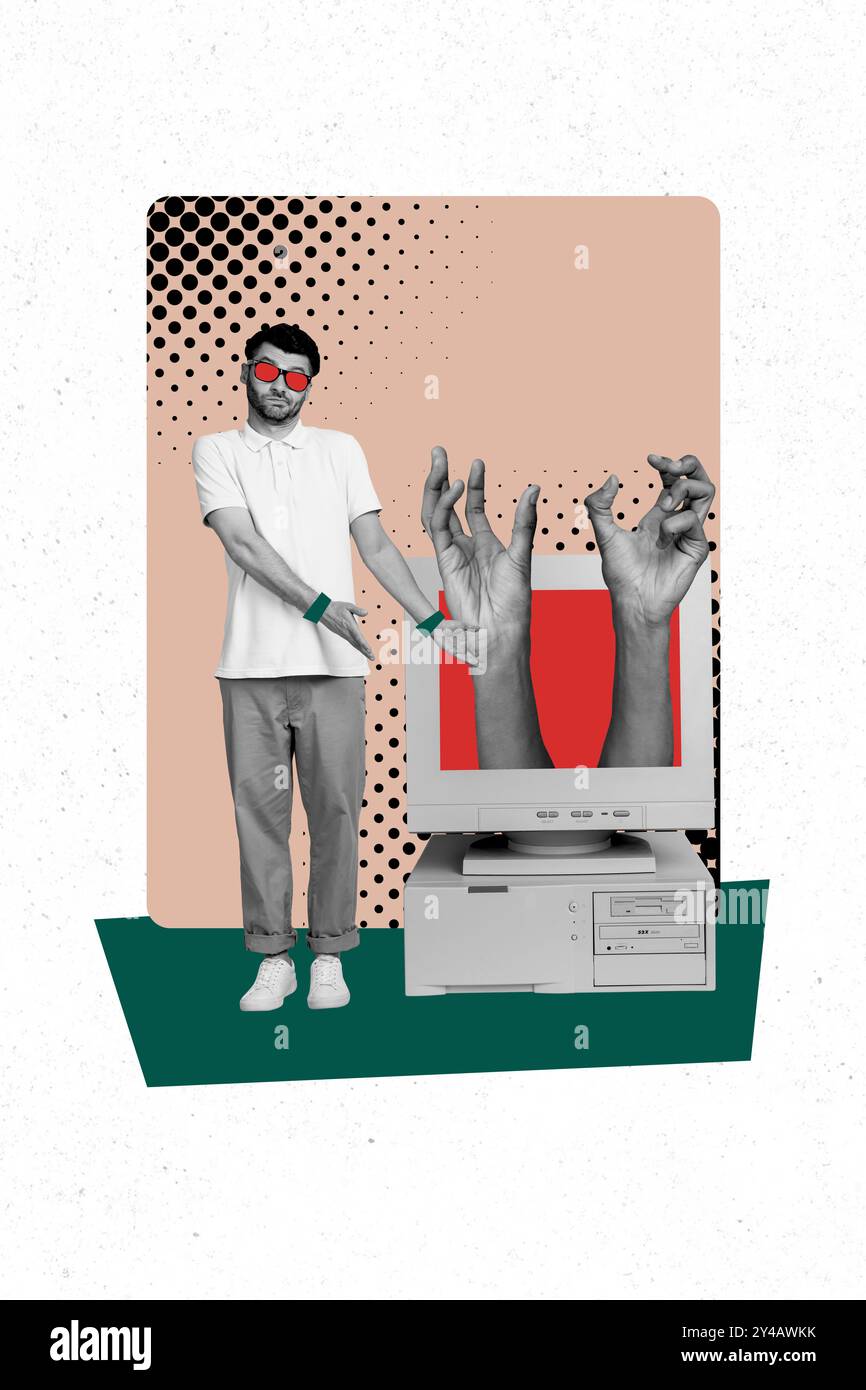 Vertical collage young man computer monitor screen virtual internet ...