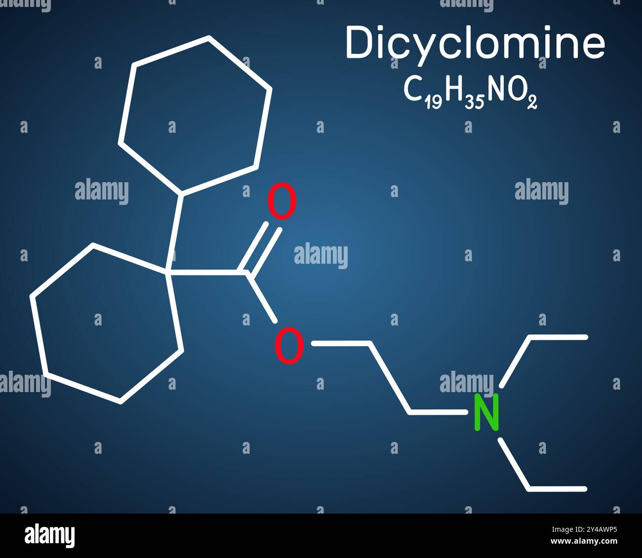 Dicyclomine, dicycloverine molecule. Antimuscarinic drug used to treat ...