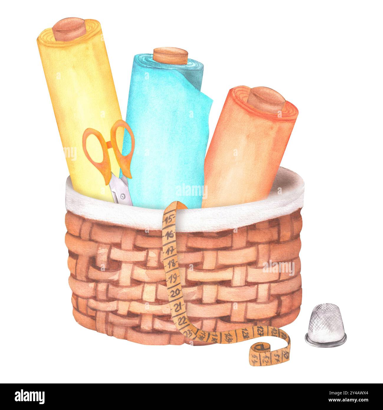 A basket with rolls of fabric, scissors, measure tape and thimble ...
