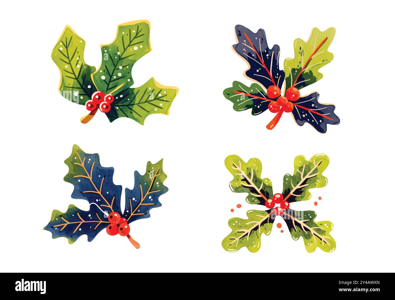 Watercolor Christmas set holly berries and green leaves, fir twigs ...