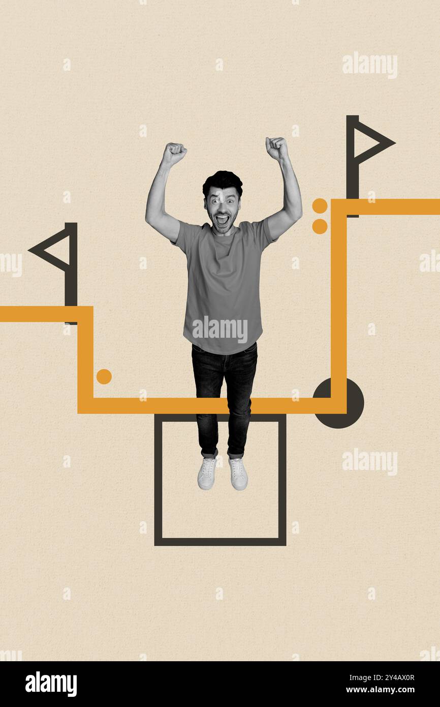 Vertical collage image young man achieve goal aim target finish ...