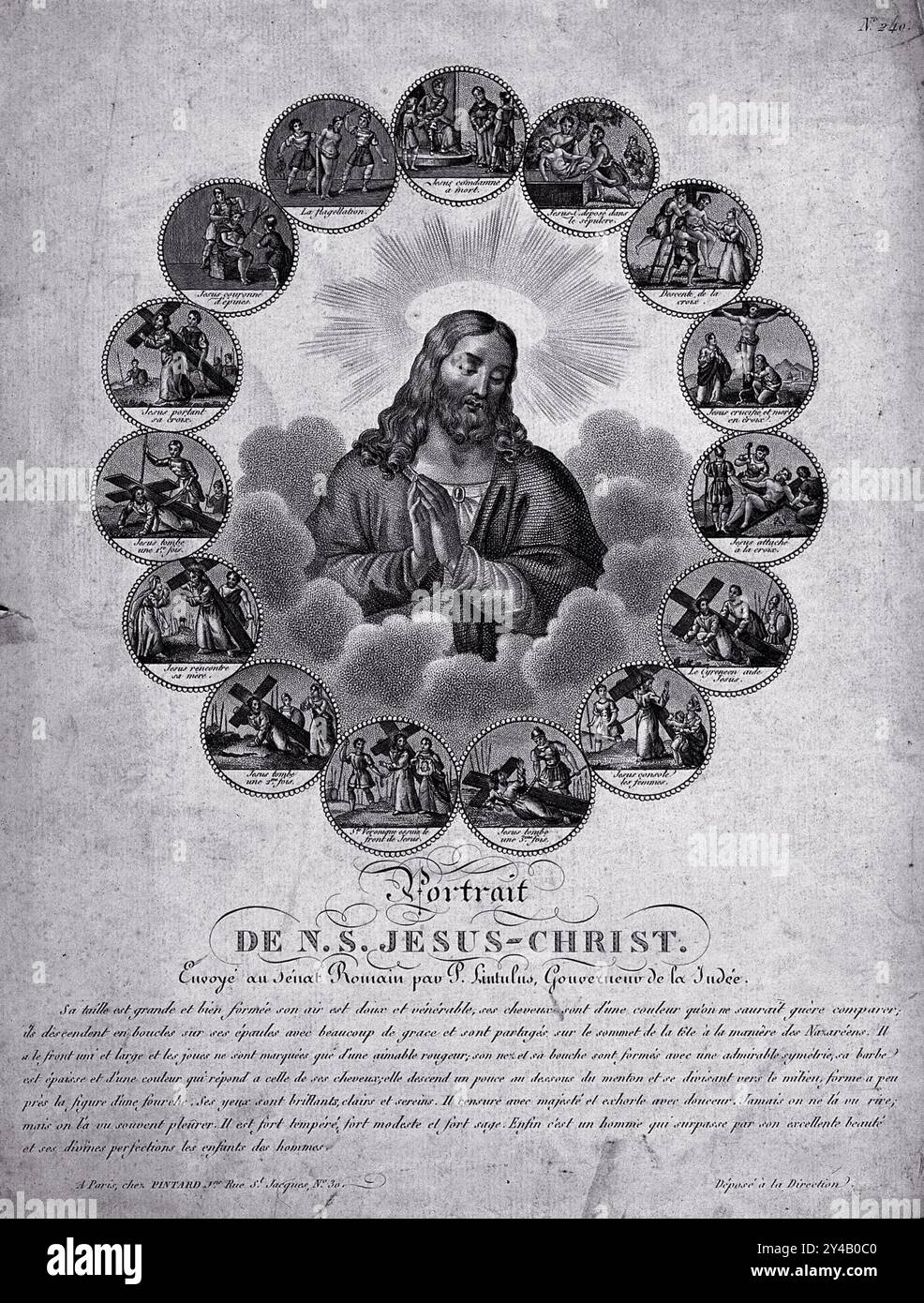 This engraving displays Jesus Christ in a prayerful pose, encircled by ...