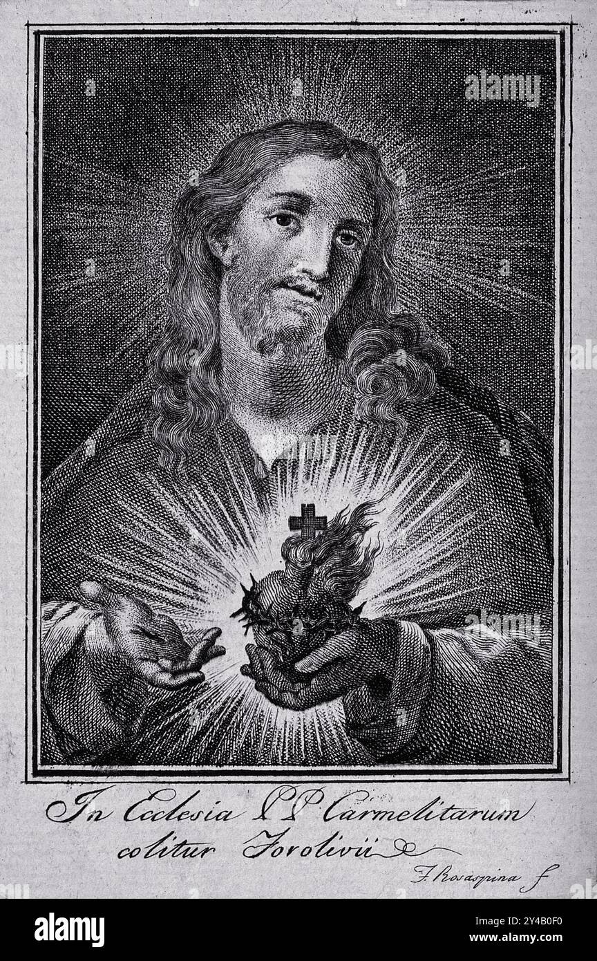 This artwork depicts Christ presenting the Sacred Heart, radiating ...