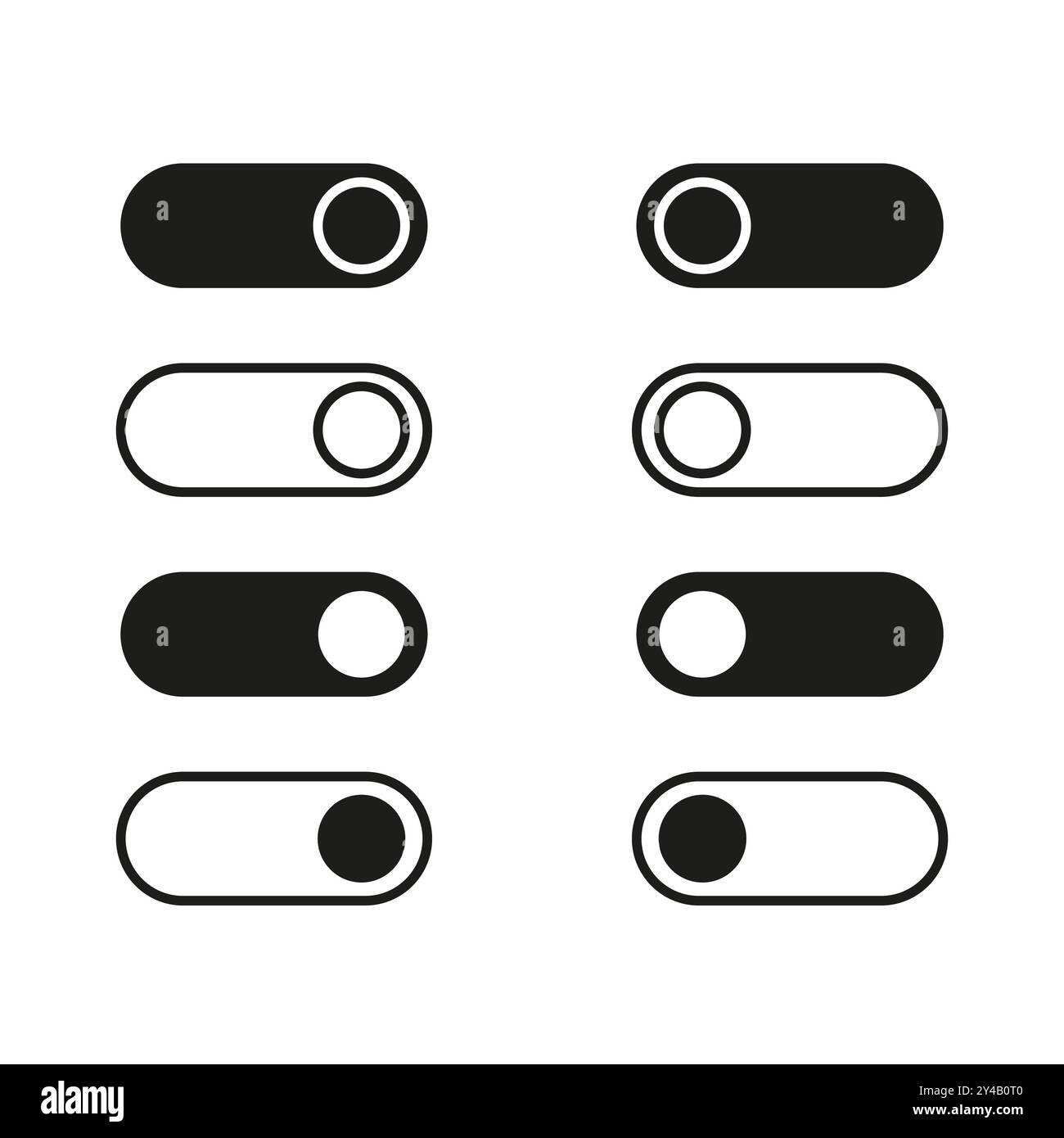 Set of eight toggle switch icons. Black and white vector controls. Simple on and off buttons ...