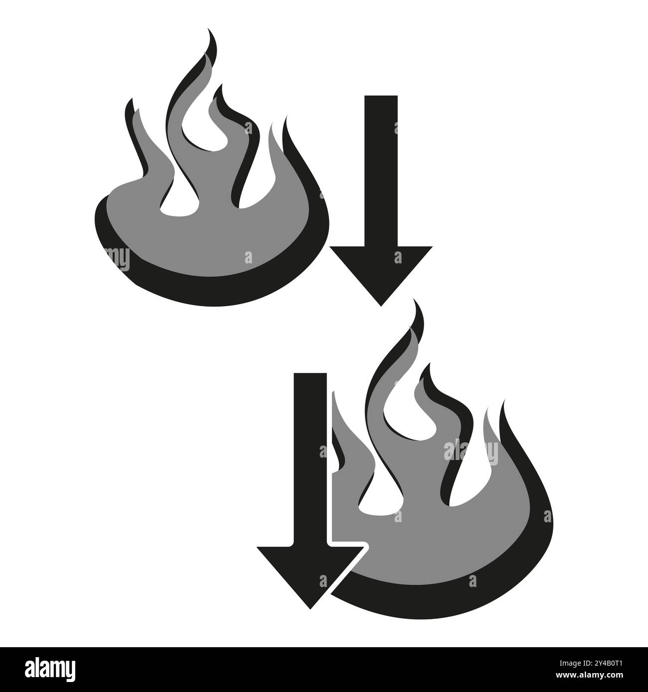 Flame and arrow icon. Fire symbol with downward arrow. Heat reduction ...