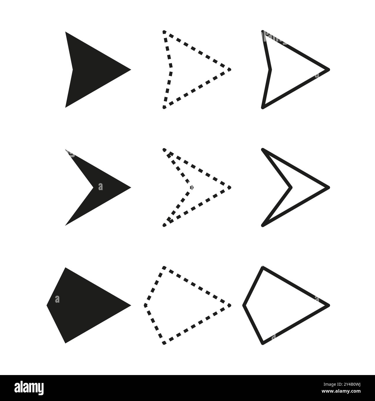 Arrow shape set. Dotted and solid triangles. Geometric vector symbols ...