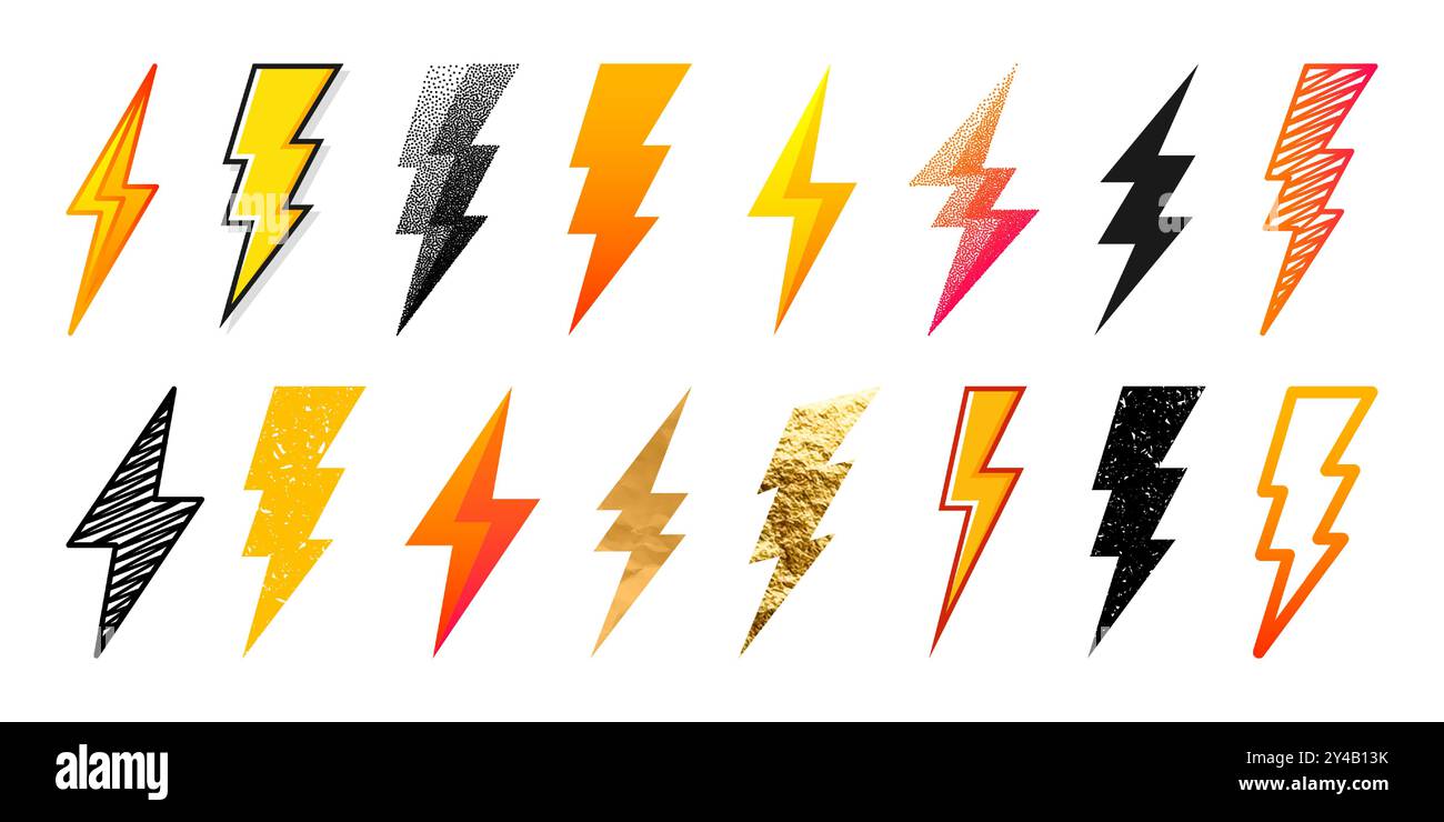 Lightning bolt icons collection. Golden, grunge, stippled, hand drawn ...