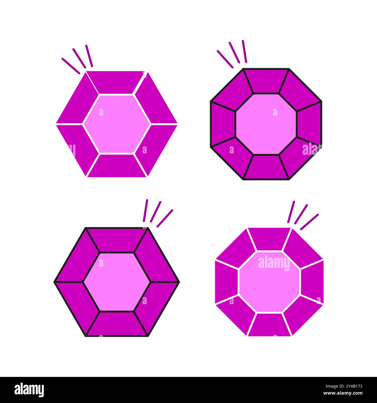 Purple gem icons. Hexagonal and octagonal shapes. Bright pink sparkle ...