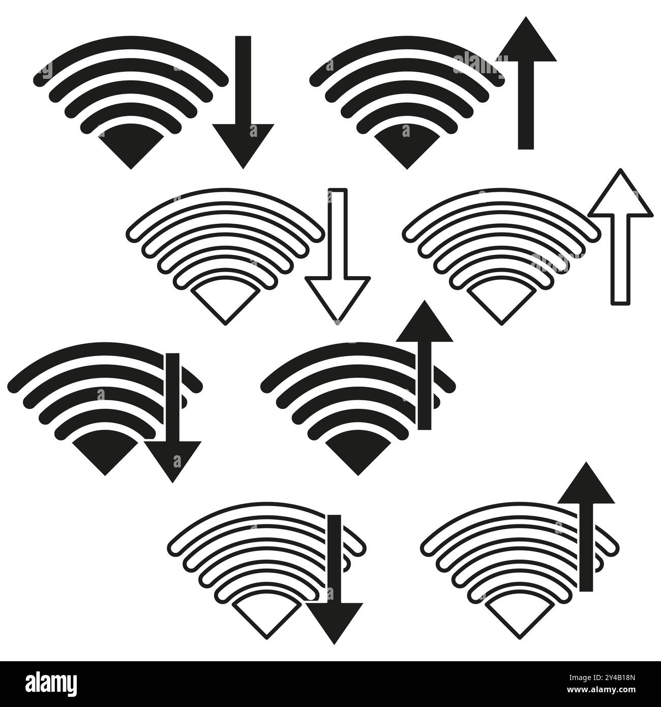 WiFi signal icons. Download and upload arrows. Strong and weak ...