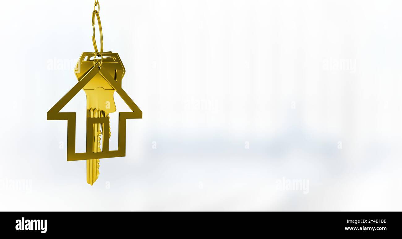 Golden house-shaped keychain and keys image over blurred background ...