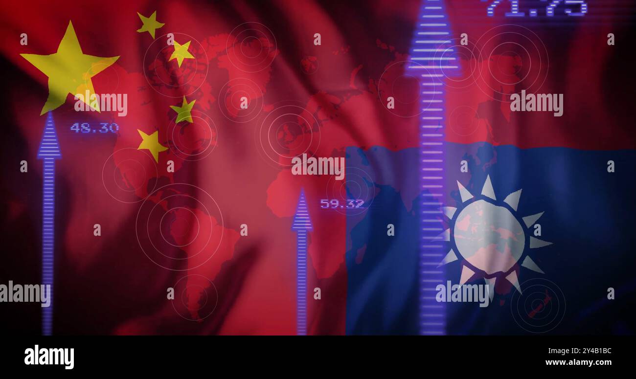 Rising arrows and data points image over flags of China and Taiwan ...
