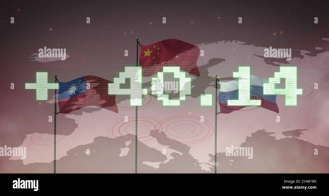 Flags of multiple countries with number image over world map background ...