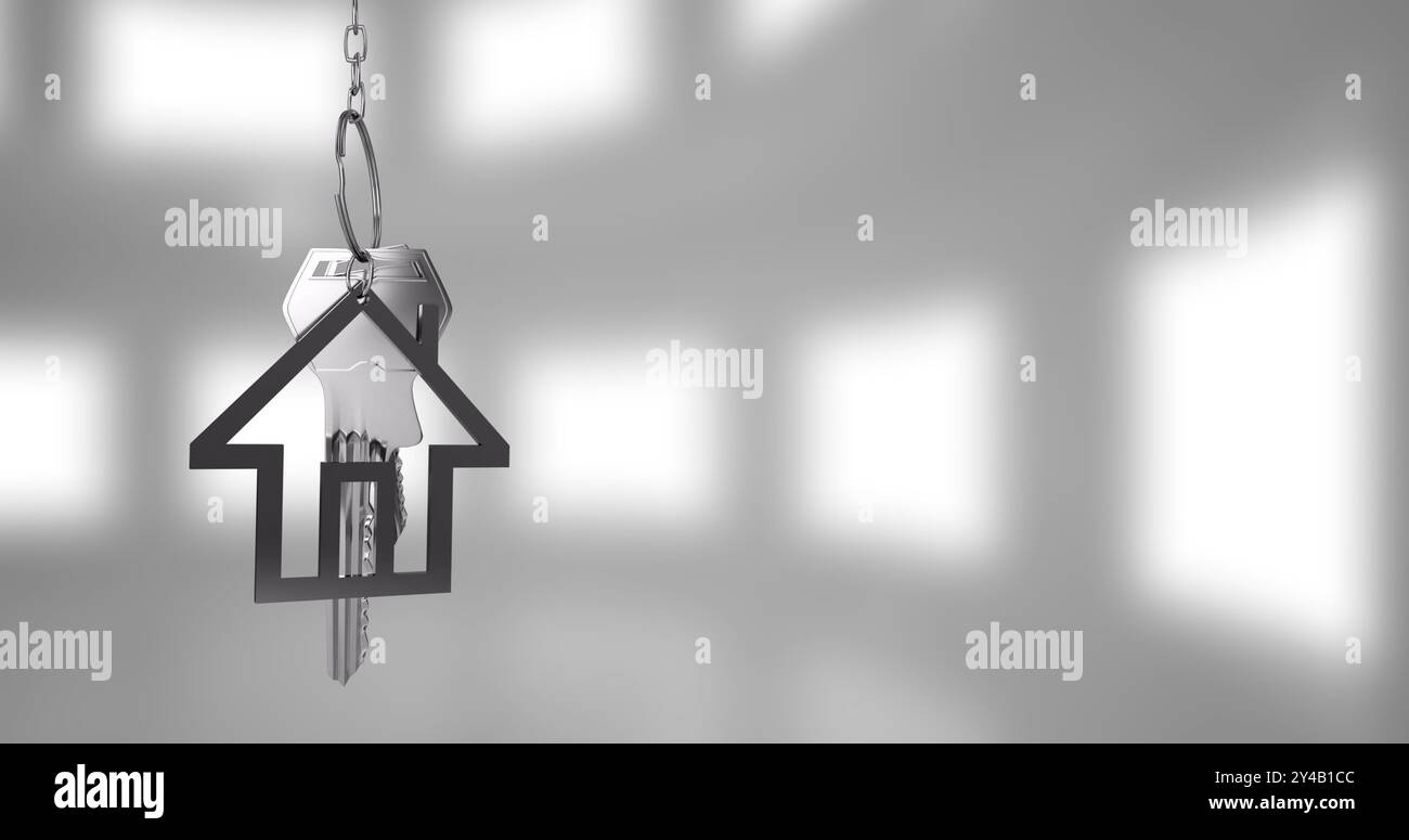 House-shaped keychain image over blurred white background. real estate ...