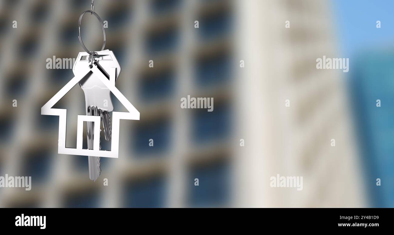 House-shaped keychain image over blurred high-rise building background ...