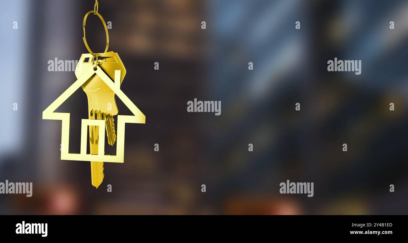 Golden house keychain image over blurred urban background Stock Photo ...