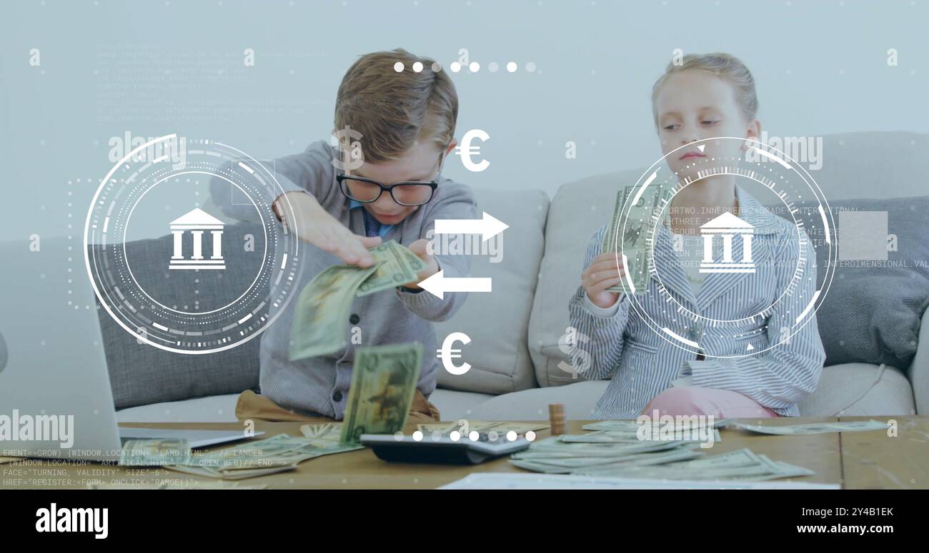 Image of currency and bank icons data processing over caucasian ...