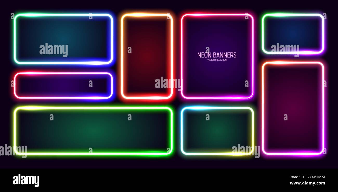 Colorful glowing neon banners, illuminated square frames. Shiny vibrant ...