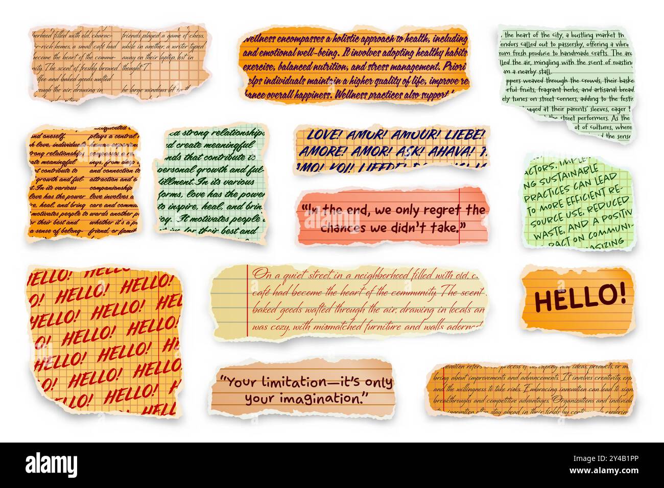 Ripped paper strips with handwritten text. Realistic crumpled paper scraps with torn edges ...