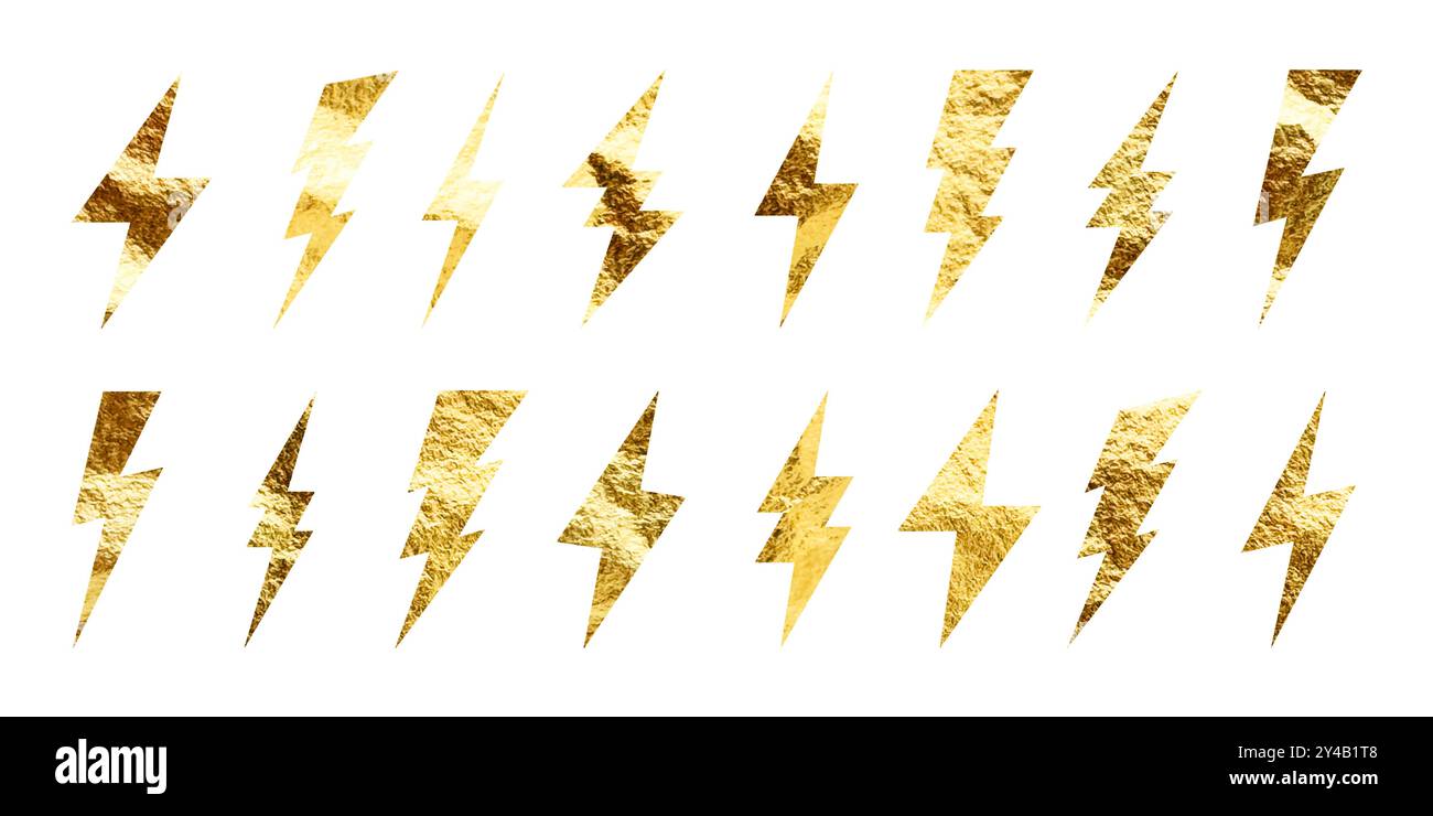 Golden lightning bolt icons collection. Gold foil texture. Flash symbol ...