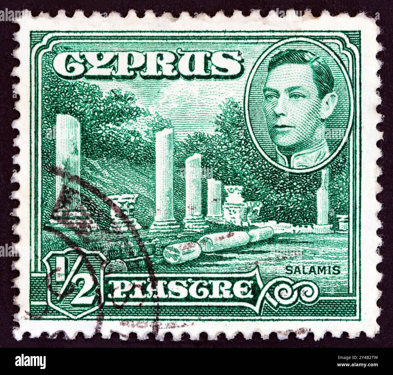 CYPRUS - CIRCA 1938: A stamp printed in Cyprus shows Salamis and King ...