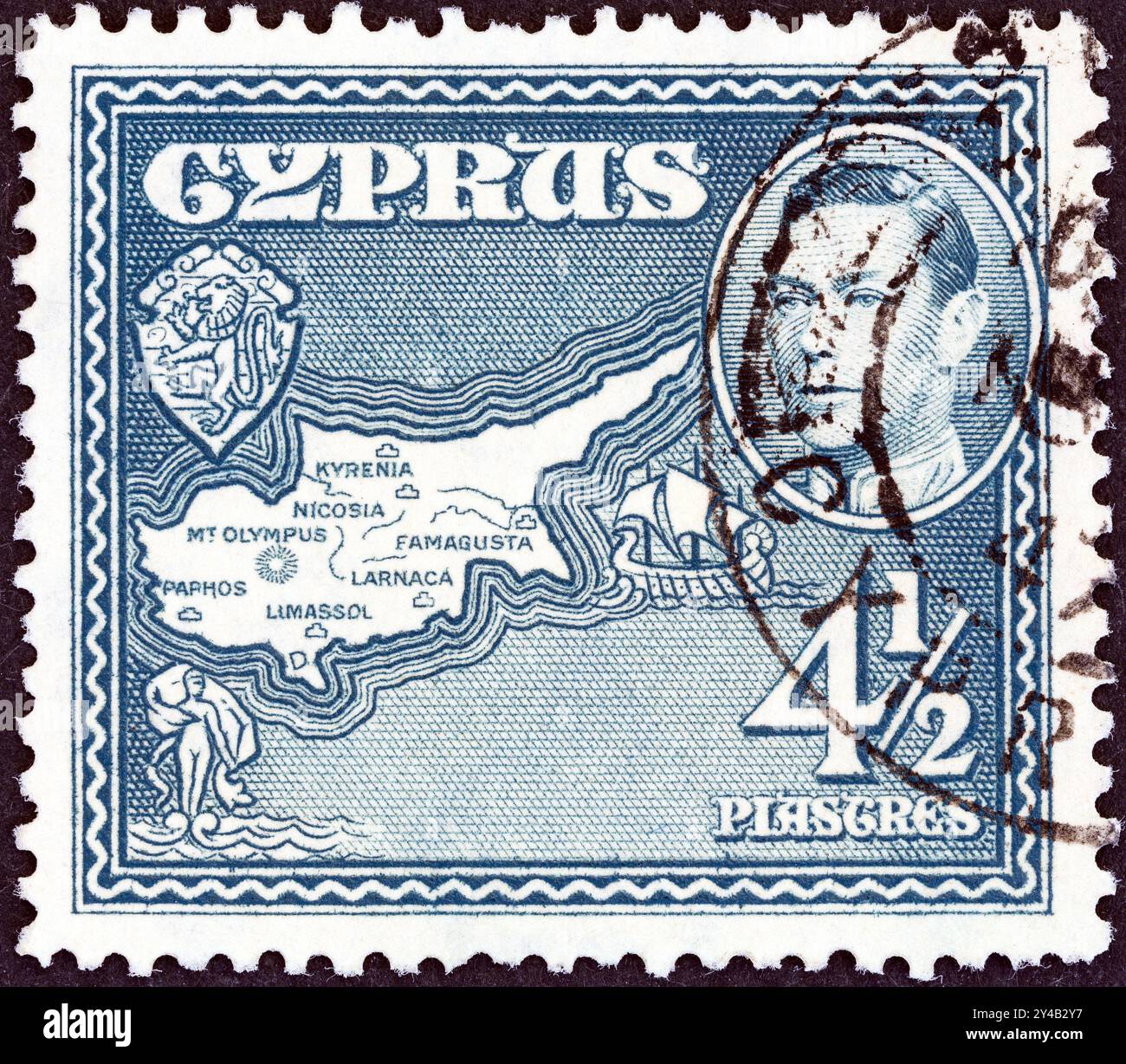 CYPRUS - CIRCA 1938: A stamp printed in Cyprus shows Map of Cyprus ...