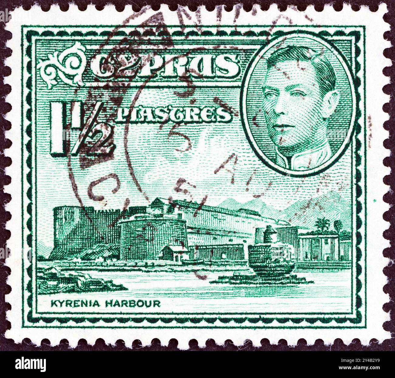 CYPRUS - CIRCA 1938: A stamp printed in Cyprus shows Kyrenia Harbor and ...
