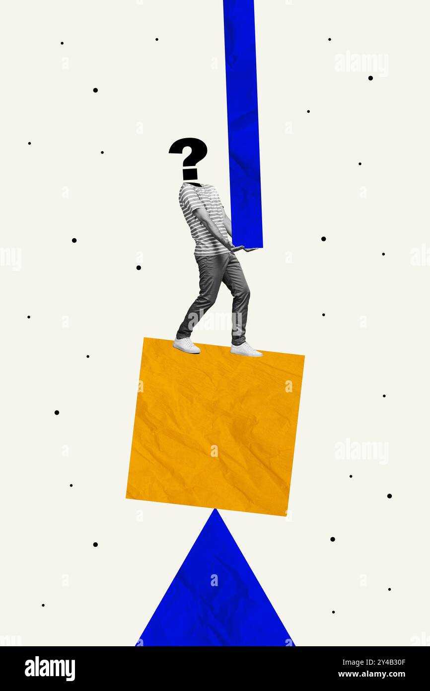 Vertical photo collage of anonym man instead head question mark build ...