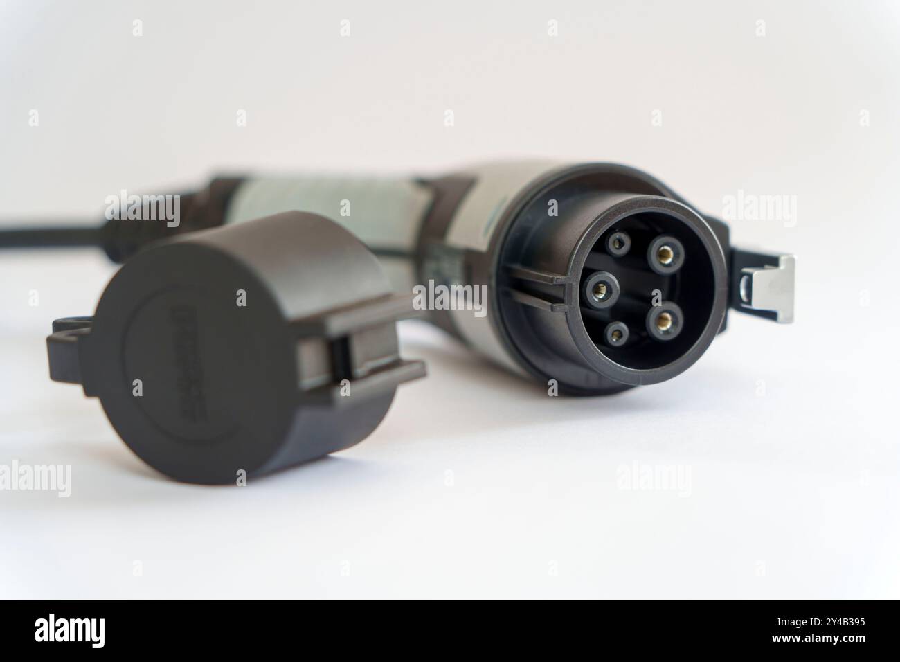 Close up of a female Type 1 j1772 connector on an EV charging cable ...