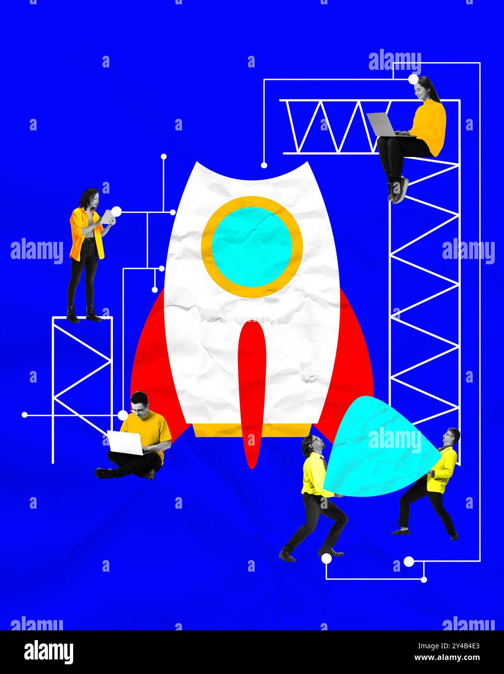 Contemporary art collage. Team assembles pieces of rocket, symbolizing ...