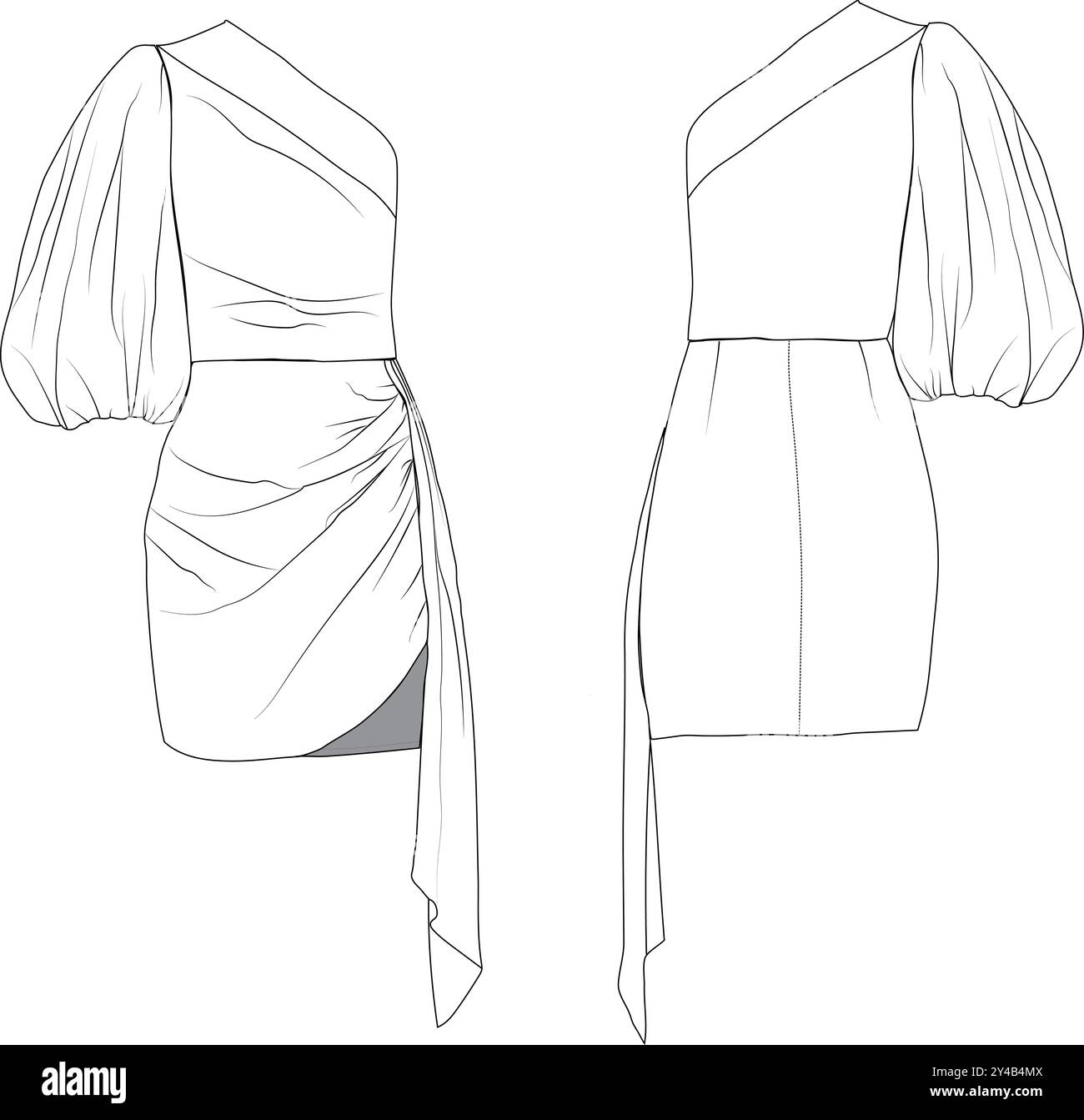 Asymmetric balloon sleeve mini dress, Fashion Technical Drawings, Dress ...